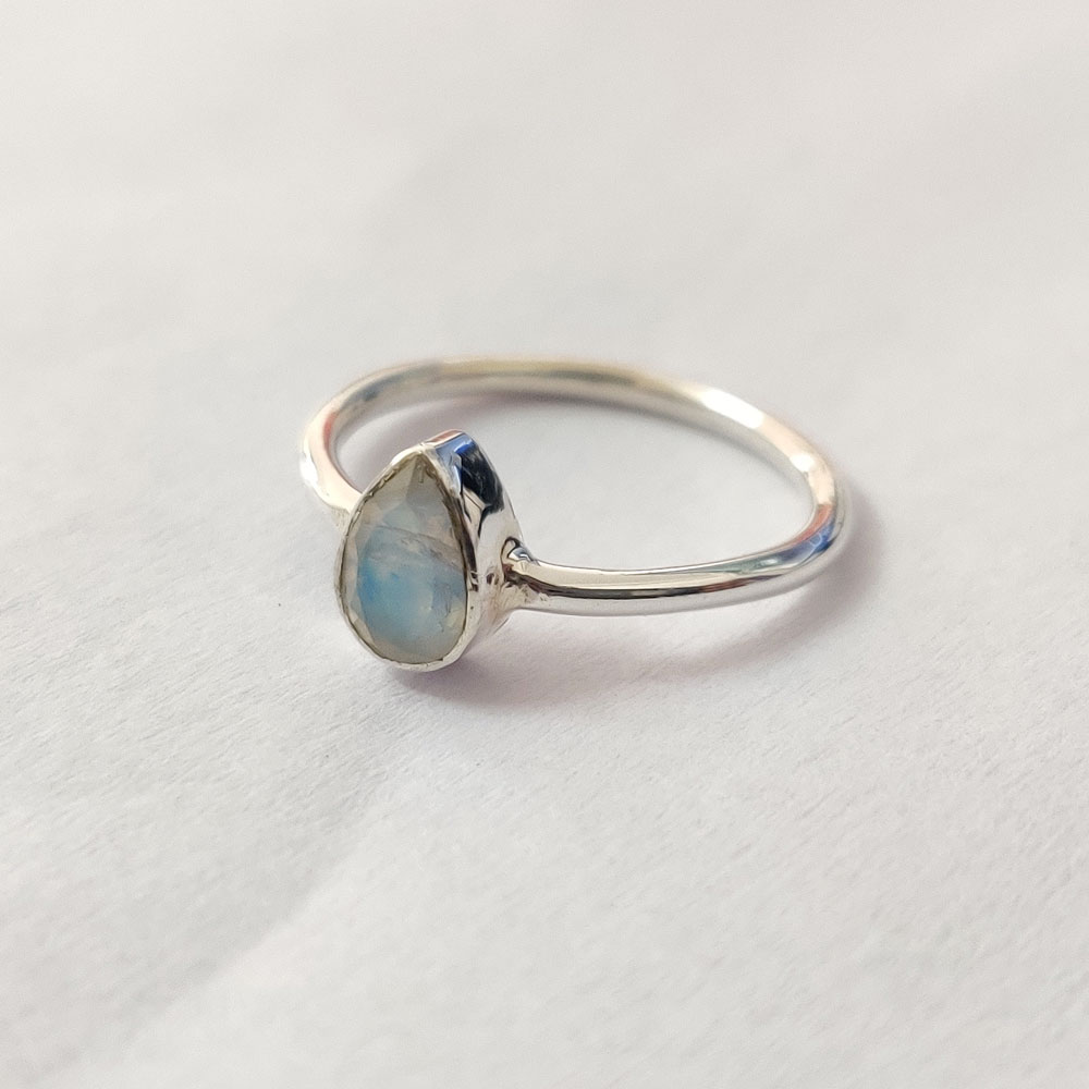 Rainbow Moonstone Pear Silver Ring