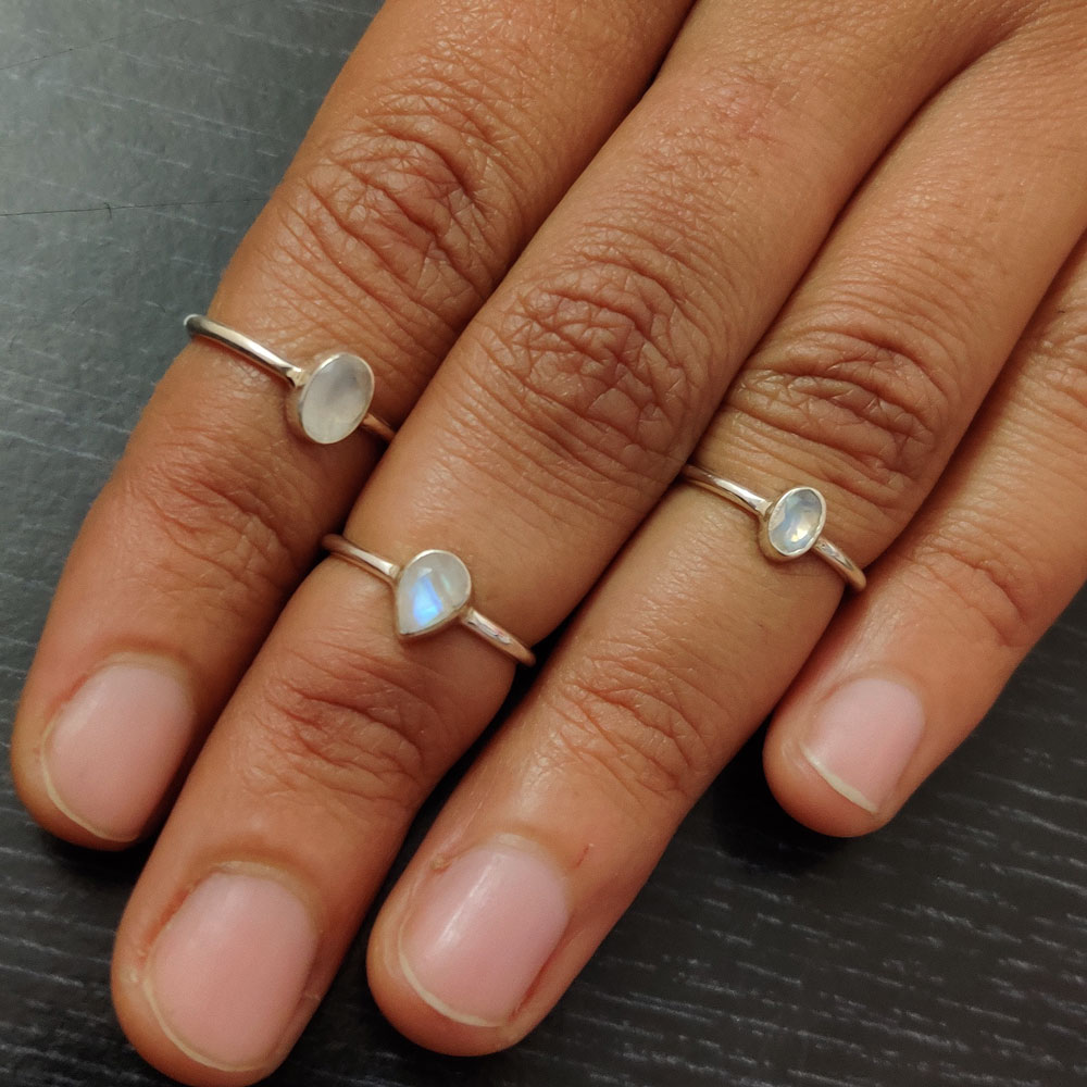 Rainbow Moonstone Pear Silver Ring