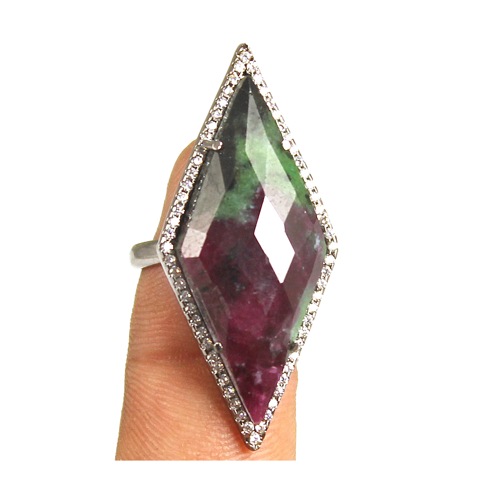 Ruby zoisite rhombus silver pave set ring from Irocsales